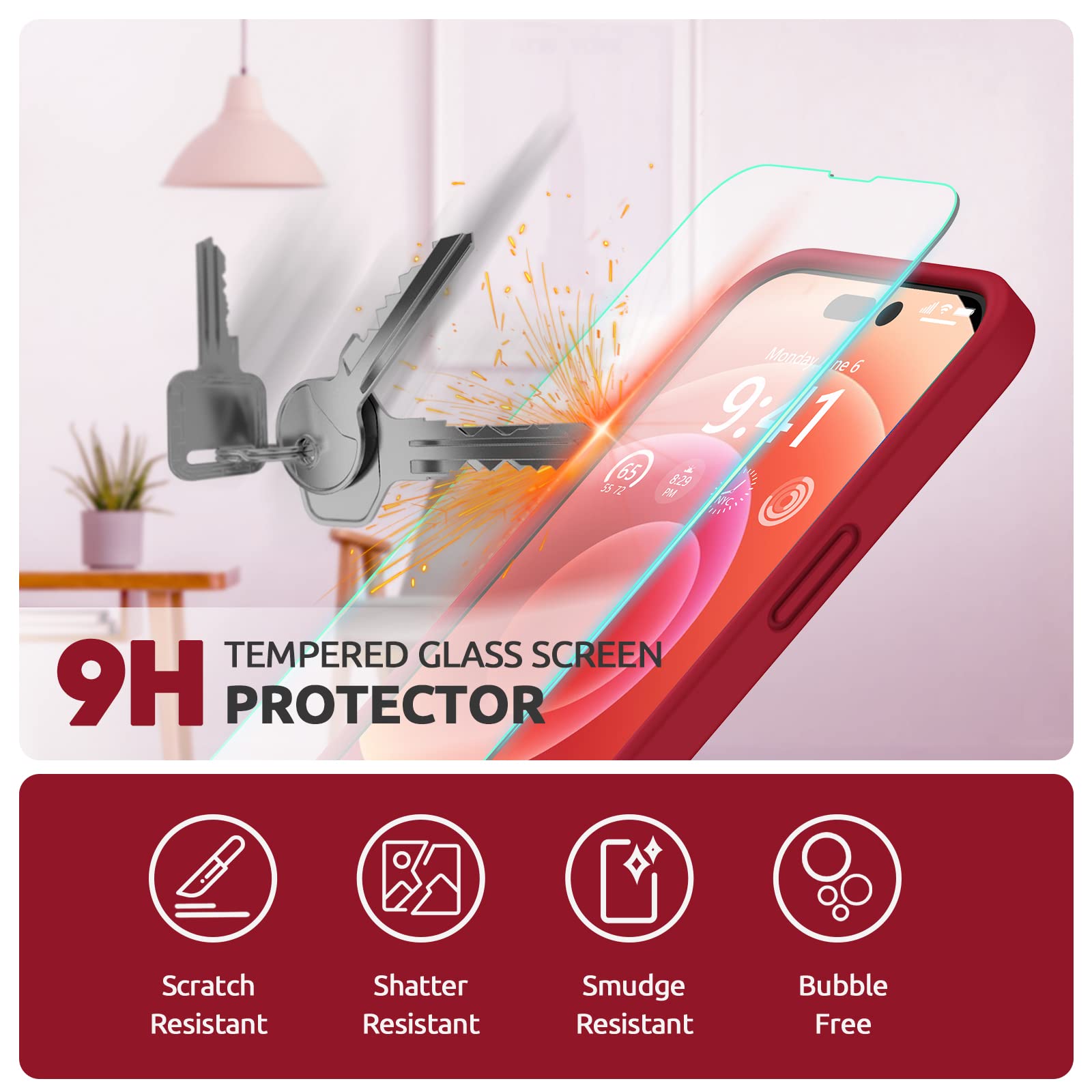 pcgaga Liquid Silicone Case for iPhone 14 Pro Max with Screen Protector [Camera Protection] [Microfiber Lining] Slim Shockproof Protective Phone Cover, 6.7 Inch, Red
