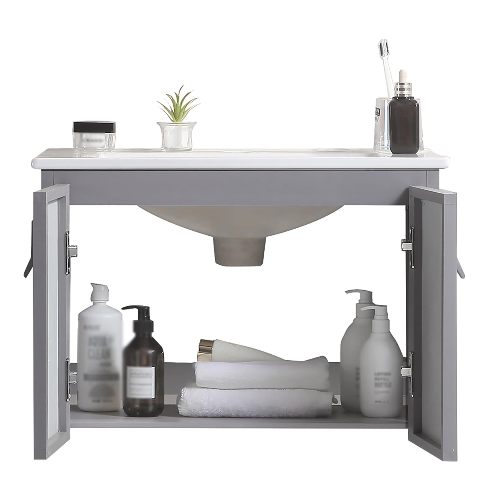 24 Inch Bathroom Vanity with Sink Combo, Floating Bathroom Vanity Set with Two Metal Soft Close Cabinet Doors Modern Wall Mounted Bathroom Vanity Cabinet with White Ceramic Sink, for Small Space