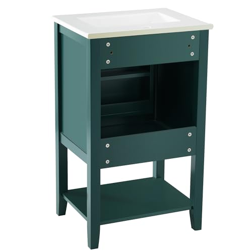 20 Inch Bathroom Vanity with Ceramic Sink, Small Single Sink Vanity Combo with Storage Rack and Open Shelf, Modern Bathroom Cabinet with Sink and Soft Closing Door, Green
