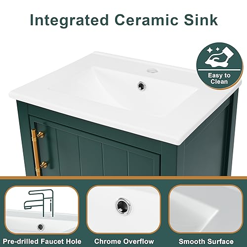 20 Inch Bathroom Vanity with Ceramic Sink, Small Single Sink Vanity Combo with Storage Rack and Open Shelf, Modern Bathroom Cabinet with Sink and Soft Closing Door, Green