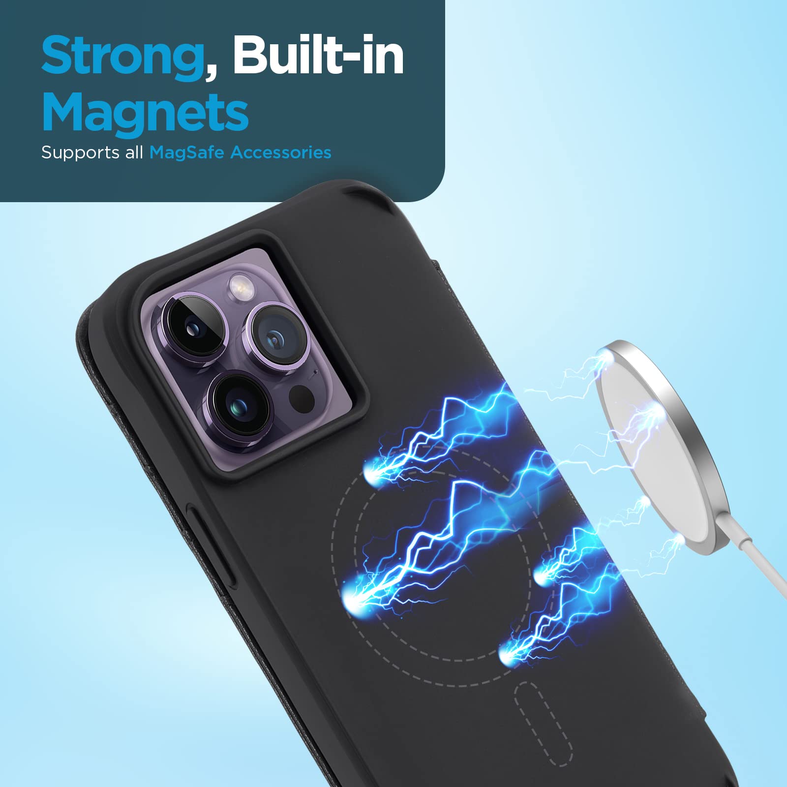 Case-Mate Wallet Folio iPhone 14 Pro Max Case - Black [10ft Drop Protection] [Compatible with MagSafe] Magnetic Flip Folio Cover Made w/ Genuine Pebbled Leather, Landscape Stand, Cash and Card Holder