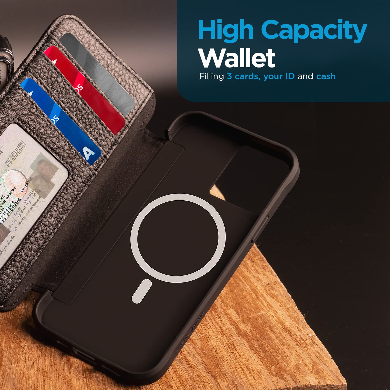 Case-Mate Wallet Folio iPhone 14 Pro Max Case - Black [10ft Drop Protection] [Compatible with MagSafe] Magnetic Flip Folio Cover Made w/ Genuine Pebbled Leather, Landscape Stand, Cash and Card Holder