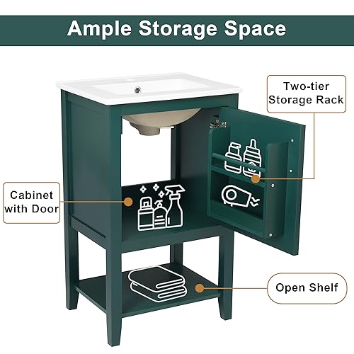 20 Inch Bathroom Vanity with Ceramic Sink, Small Single Sink Vanity Combo with Storage Rack and Open Shelf, Modern Bathroom Cabinet with Sink and Soft Closing Door, Green
