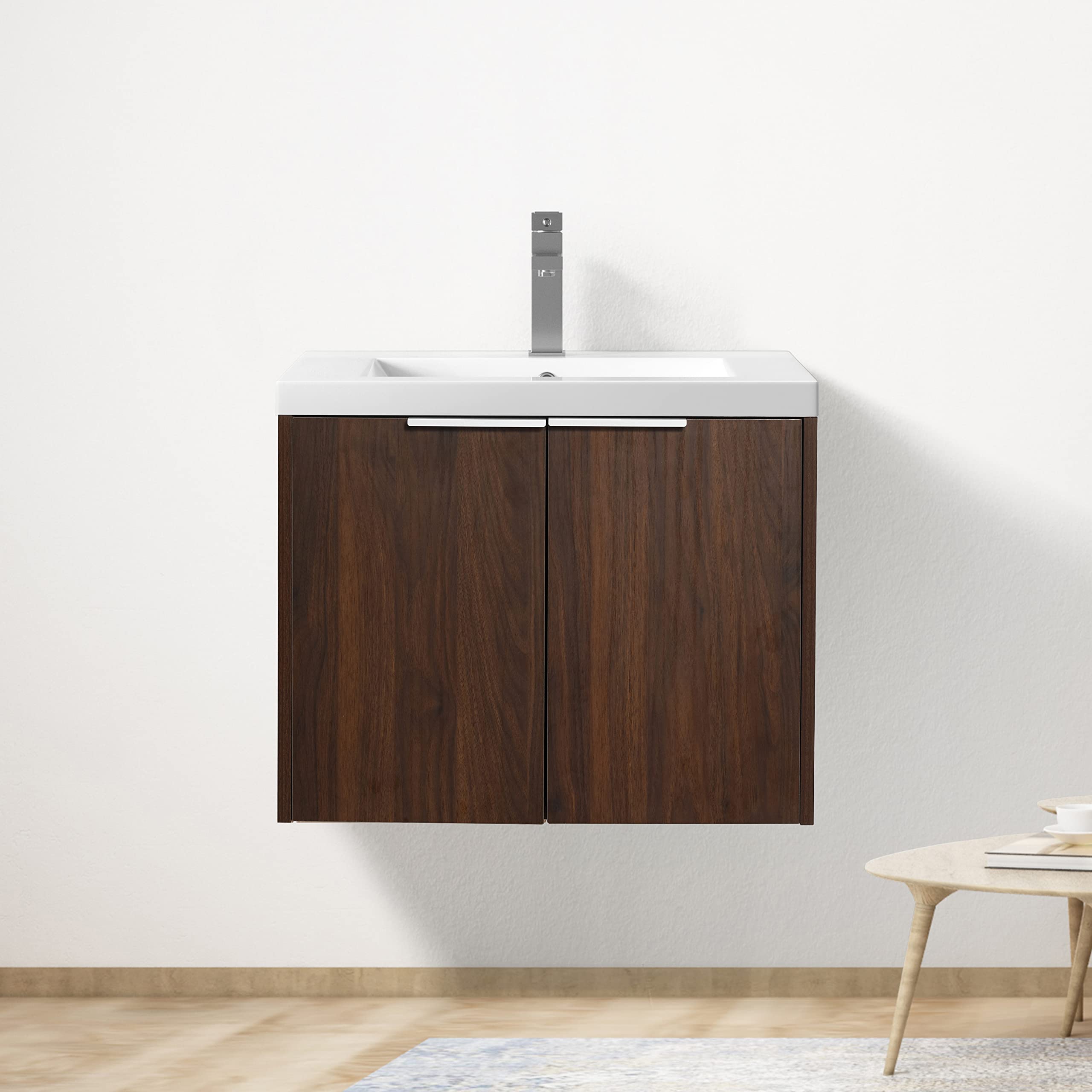 24-Inch Wall Mounted Bathroom Vanity with Sink Combo Modern Single Bathroom Vanity Set with Top Resin Sink & Storage Cabinet Wood Hanging Bath Cabinet w/Resin Sink for Bathroom (Walnut-24 Inch)