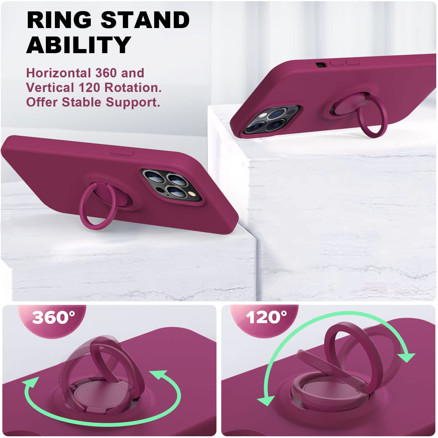CHEZEAL Compatible with iPhone 14 Pro Max Case 6.7inch,[Bulit-in 360° Rotatable Ring Stand][Anti-Scratch Soft Microfiber Lining] Liquid Silicone Shockproof Phone Case for iPhone 14 Pro Max - Wine Red