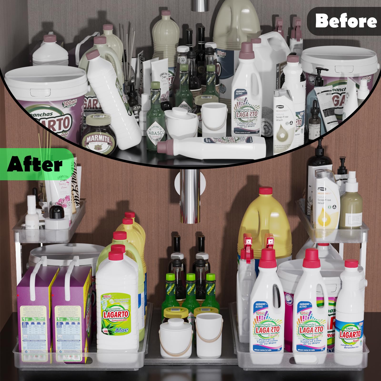 HzTinT 2 Pack Under Sink Organizer with Under Sink Tray, 2 Tier Sliding Bathroom Organizer Under Sink, L-Shape Under Cabinet Basket Organizer, Multi-purpose Pull Out Under Sink Drawers(Clear White)