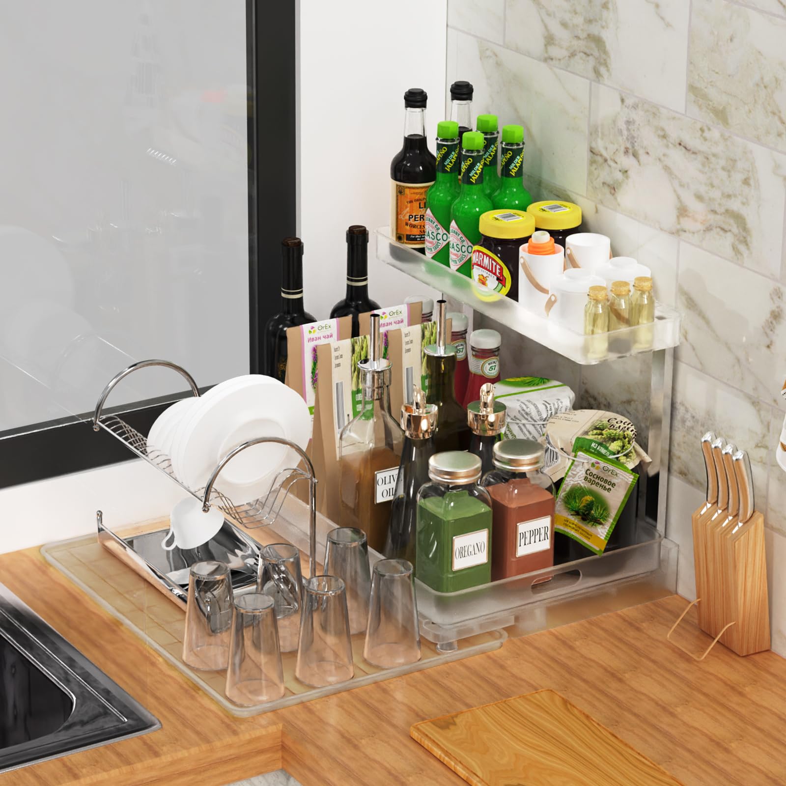 HzTinT 2 Pack Under Sink Organizer with Under Sink Tray, 2 Tier Sliding Bathroom Organizer Under Sink, L-Shape Under Cabinet Basket Organizer, Multi-purpose Pull Out Under Sink Drawers(Clear White)