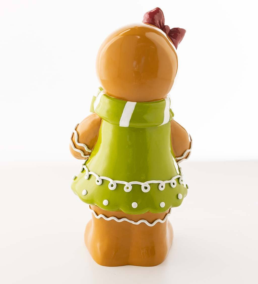 Plow & Hearth Indoor/Outdoor LED Light-Up Christmas Gingerbread Girl Shorty Statue, LED Lights with Auto-Timer, Sweet Details, Holiday Accent, Battery-Operated, 9" L x 7¾"W x 18" H