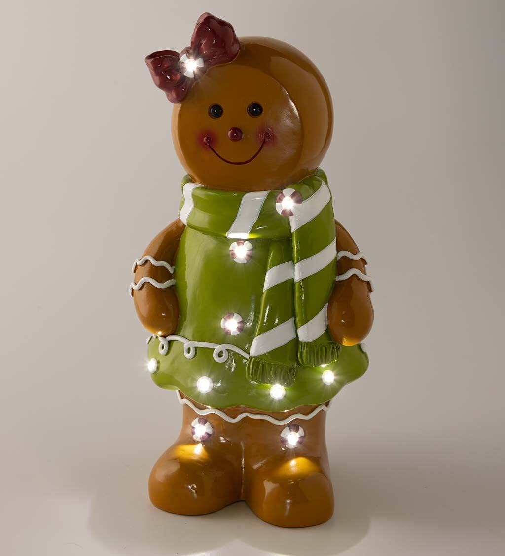 Plow & Hearth Indoor/Outdoor LED Light-Up Christmas Gingerbread Girl Shorty Statue, LED Lights with Auto-Timer, Sweet Details, Holiday Accent, Battery-Operated, 9" L x 7¾"W x 18" H