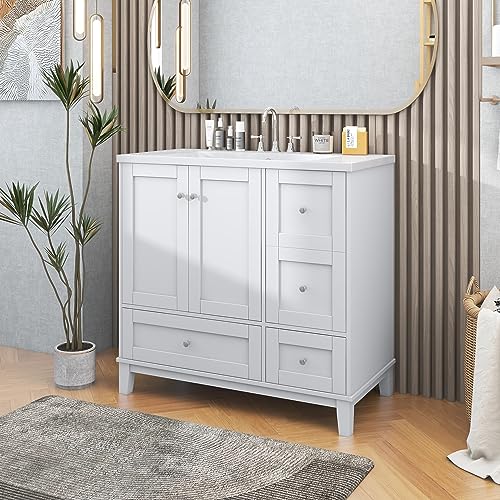 FEELLE 36 Inch Modern Bathroom Vanity with USB Charging, 2 Doors and 3 Drawers Bathroom Storage Vanity Cabinet with Single Sink, White