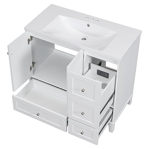 FEELLE 36 Inch Modern Bathroom Vanity with USB Charging, 2 Doors and 3 Drawers Bathroom Storage Vanity Cabinet with Single Sink, White