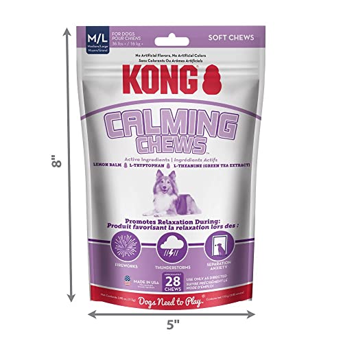 KONG - Calming Chews 28 Pieces - Natural Soft and Chewy Dog Calming Treats for Anxiety, Stress & Separation, Fireworks and Thunderstorms Aid & Relief - for Medium/Large Dogs Greater Than 36 lbs