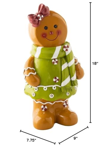 Plow & Hearth Indoor/Outdoor LED Light-Up Christmas Gingerbread Girl Shorty Statue, LED Lights with Auto-Timer, Sweet Details, Holiday Accent, Battery-Operated, 9" L x 7¾"W x 18" H