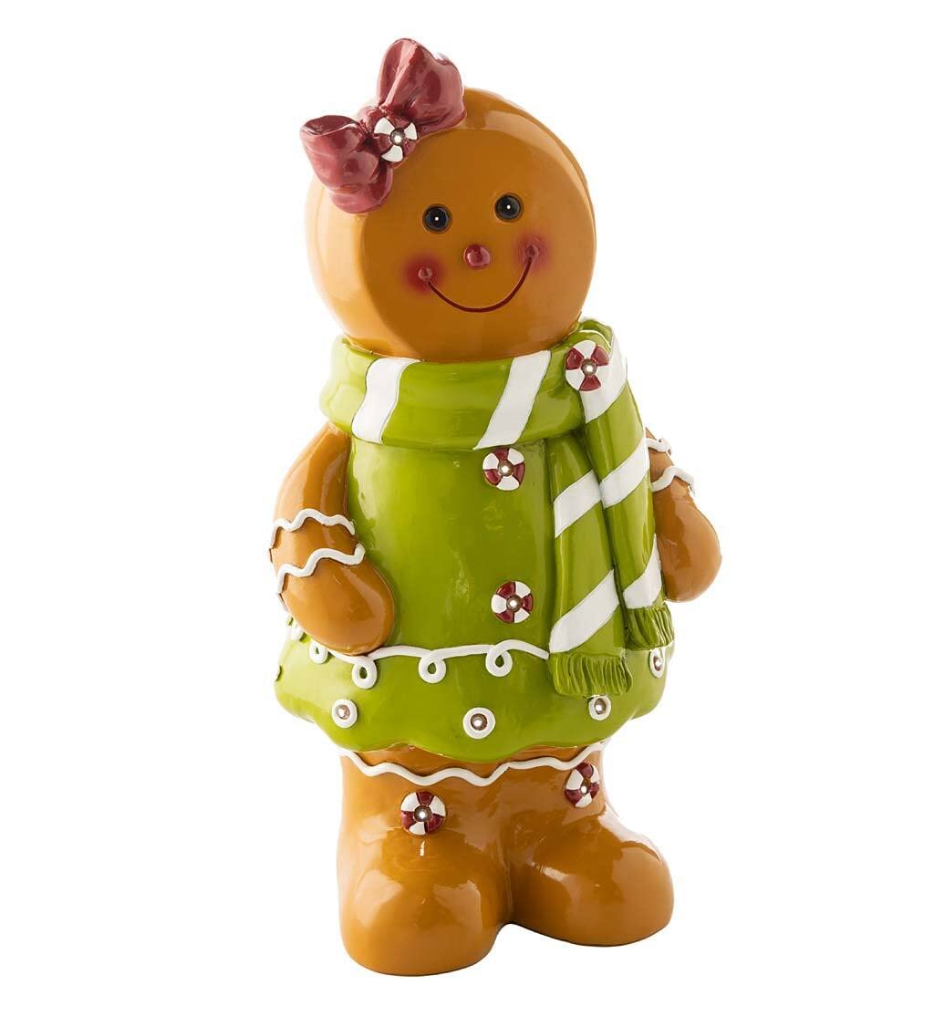 Plow & Hearth Indoor/Outdoor LED Light-Up Christmas Gingerbread Girl Shorty Statue, LED Lights with Auto-Timer, Sweet Details, Holiday Accent, Battery-Operated, 9" L x 7¾"W x 18" H