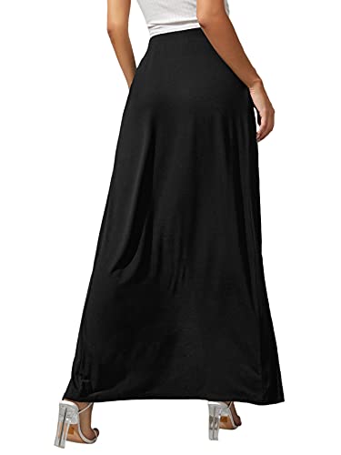 Verdusa Women's Elastic Waist High Split Wrap Flowy Long Maxi Skirt Black L