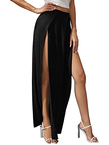 Verdusa Women's Elastic Waist High Split Wrap Flowy Long Maxi Skirt Black L