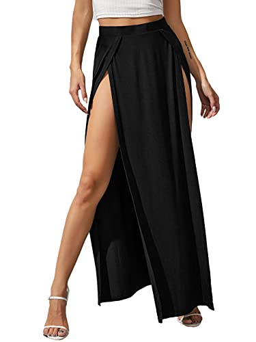 Verdusa Women's Elastic Waist High Split Wrap Flowy Long Maxi Skirt Black L