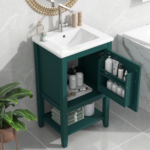 20" Freestanding Bathroom Vanity with Ceramic Sink, Wood Bathroom Storage Cabinet with Soft Closing Door, Storage Rack and Open Shelf Bathroom Vanity Sink Combo for Small Space, Green