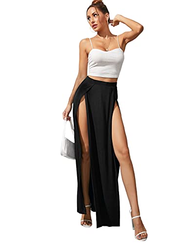 Verdusa Women's Elastic Waist High Split Wrap Flowy Long Maxi Skirt Black L
