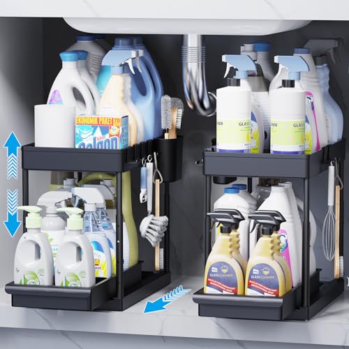 ESSBLIN Under Sink Organizer,1 Pack Height Adjustable Under Cabinet Storage for Bathroom Kitchen Cleaning Supplies with Hooks Hanging Cup,2 Tier Sturdy Large Capacity Pull Out Drawer Black