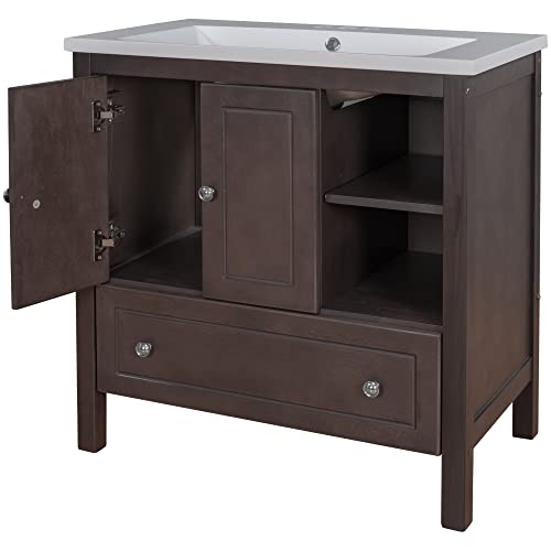 SHMAO 30" Bathroom Vanity with Sink Top, Bathroom Vanity Cabinet with Drawers and Doors, Modern Undermount Single Sink Bathroom Cabinet, Wood Bathroom Vanity and Basin Sink Combo for Bathroom - Brown