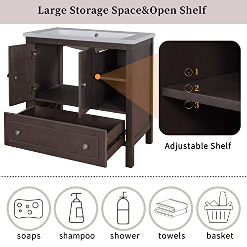 SHMAO 30" Bathroom Vanity with Sink Top, Bathroom Vanity Cabinet with Drawers and Doors, Modern Undermount Single Sink Bathroom Cabinet, Wood Bathroom Vanity and Basin Sink Combo for Bathroom - Brown