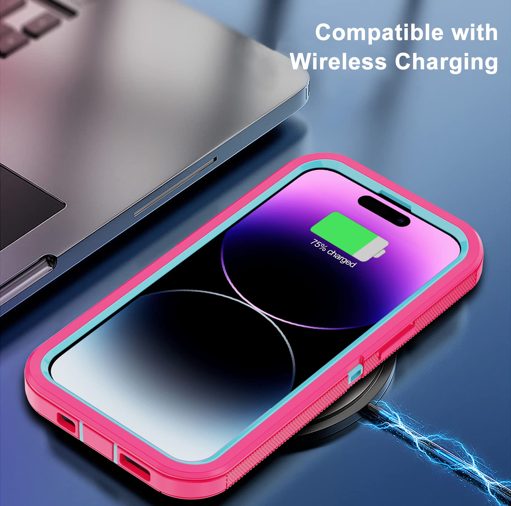 Annymall for iPhone 14 Pro Max Case with 2 Screen Protector, Heavy Duty Shockproof Drop Proof Military Rugged 3-Layer Tough Durable Protective Cover for Apple iPhone 14 Pro Max 6.7" (Pink/Blue)