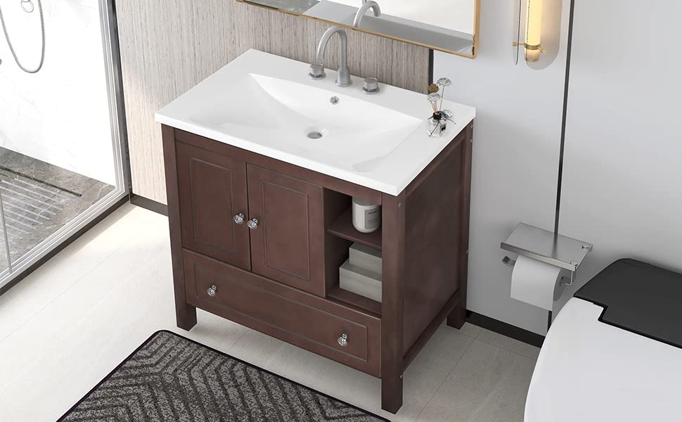 SHMAO 30" Bathroom Vanity with Sink Top, Bathroom Vanity Cabinet with Drawers and Doors, Modern Undermount Single Sink Bathroom Cabinet, Wood Bathroom Vanity and Basin Sink Combo for Bathroom - Brown