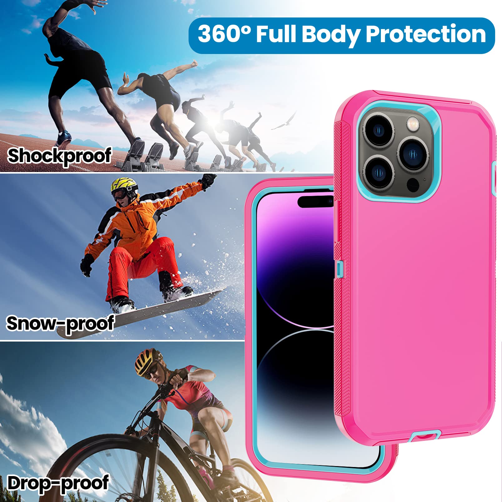 Annymall for iPhone 14 Pro Max Case with 2 Screen Protector, Heavy Duty Shockproof Drop Proof Military Rugged 3-Layer Tough Durable Protective Cover for Apple iPhone 14 Pro Max 6.7" (Pink/Blue)