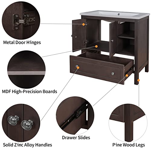 SHMAO 30" Bathroom Vanity with Sink Top, Bathroom Vanity Cabinet with Drawers and Doors, Modern Undermount Single Sink Bathroom Cabinet, Wood Bathroom Vanity and Basin Sink Combo for Bathroom - Brown