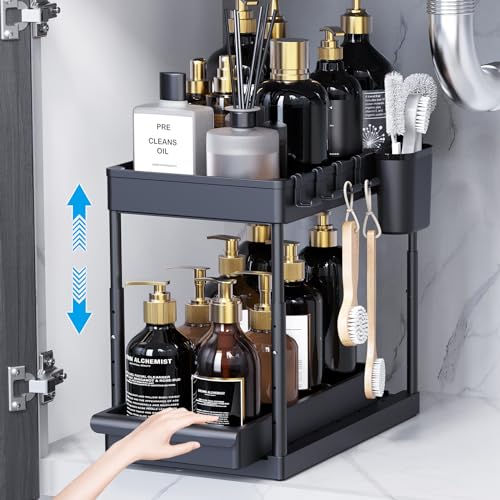 ESSBLIN Under Sink Organizer,1 Pack Height Adjustable Under Cabinet Storage for Bathroom Kitchen Cleaning Supplies with Hooks Hanging Cup,2 Tier Sturdy Large Capacity Pull Out Drawer Black