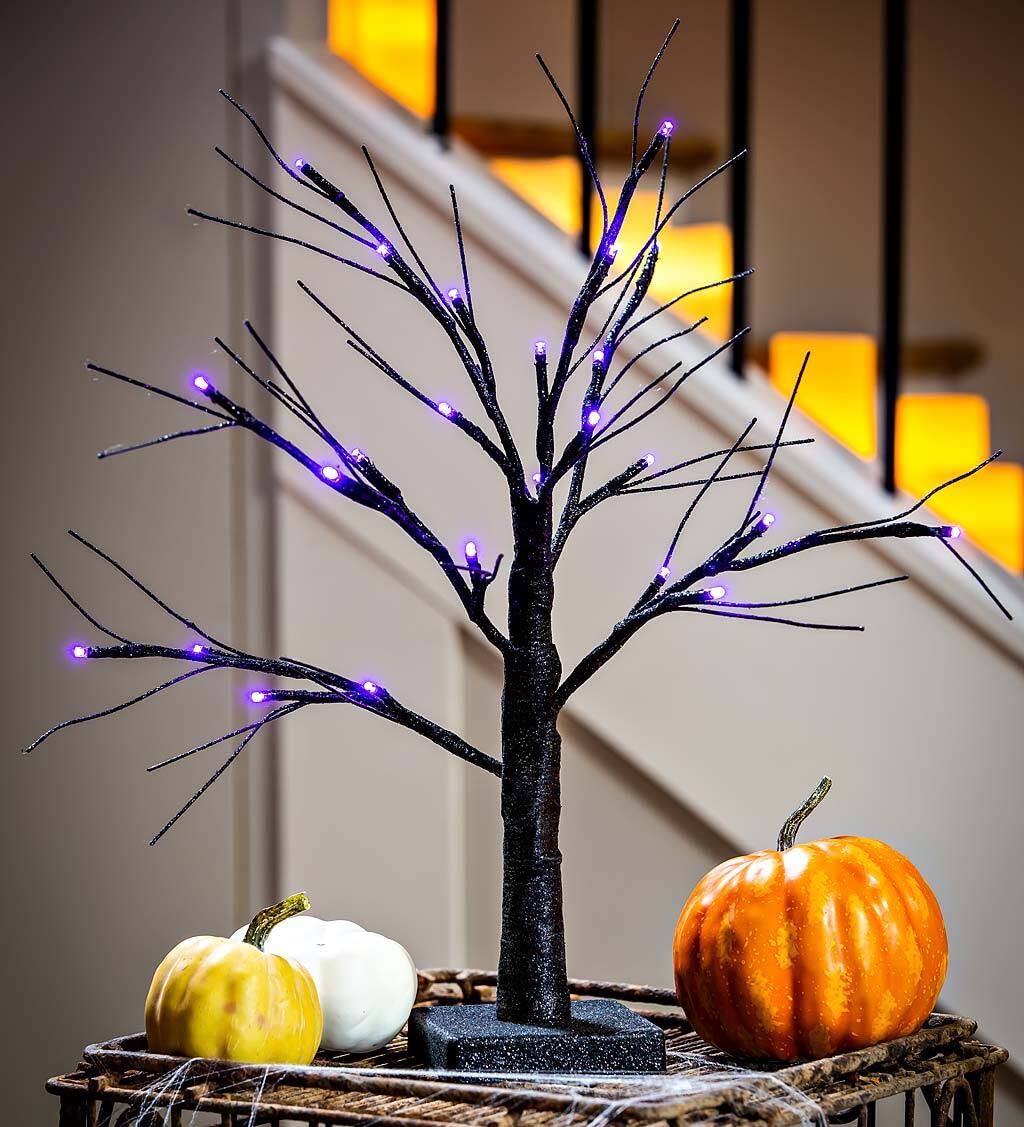 Plow & Hearth Tabletop LED Lighted Halloween Tree, Purple LED Lights, Gnarled Spooky Limbs, Battery-Operated Accent for Table, Mantle and More, 15" Dia. x 17¾"H