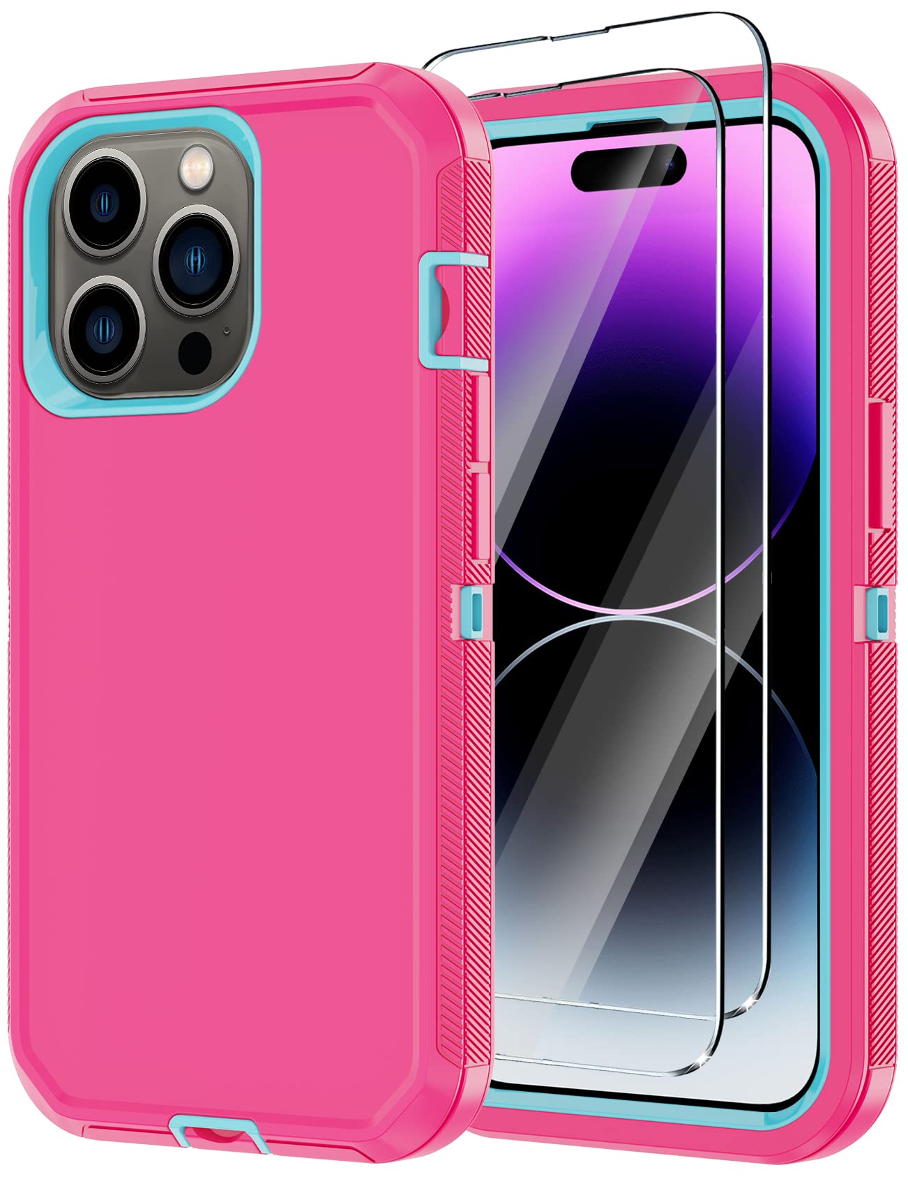 Annymall for iPhone 14 Pro Max Case with 2 Screen Protector, Heavy Duty Shockproof Drop Proof Military Rugged 3-Layer Tough Durable Protective Cover for Apple iPhone 14 Pro Max 6.7" (Pink/Blue)