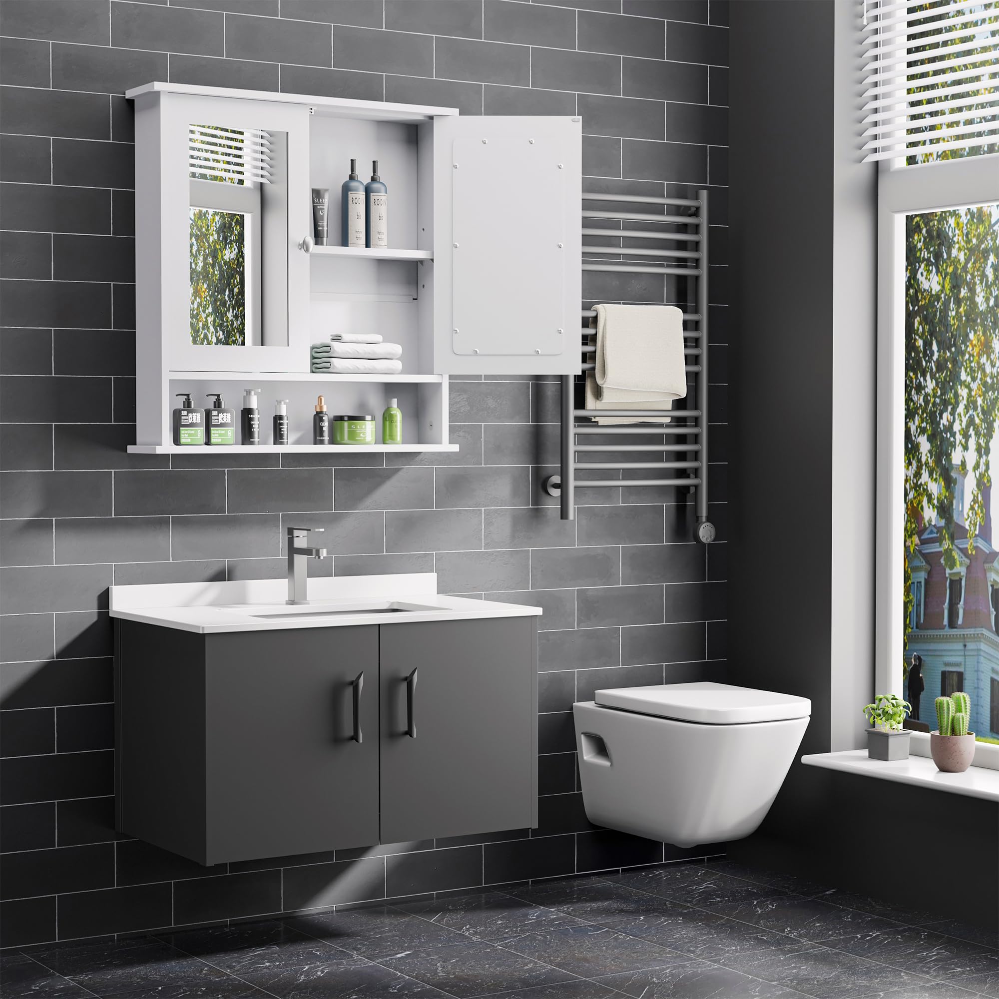 Lifetime Home Modern Bathroom Wall Cabinet with Mirror & Adjustable Shelf - Wall Mounted Utility Medicine Cabinet for Kitchen, Living Room Laundry Room - Wooden Storage Over Sink Toilet
