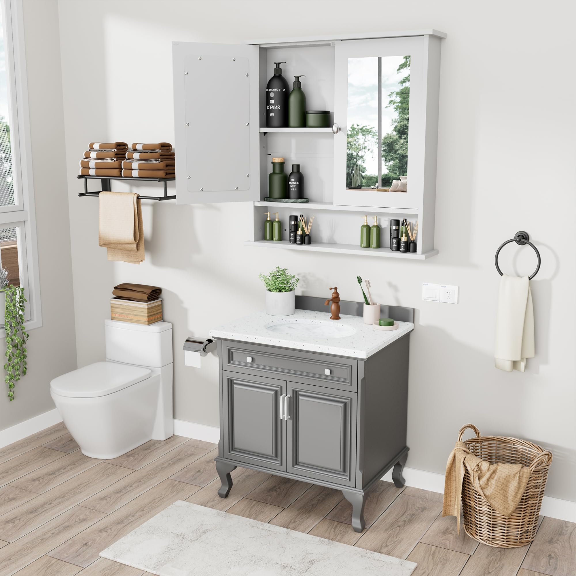 Lifetime Home Modern Bathroom Wall Cabinet with Mirror & Adjustable Shelf - Wall Mounted Utility Medicine Cabinet for Kitchen, Living Room Laundry Room - Wooden Storage Over Sink Toilet