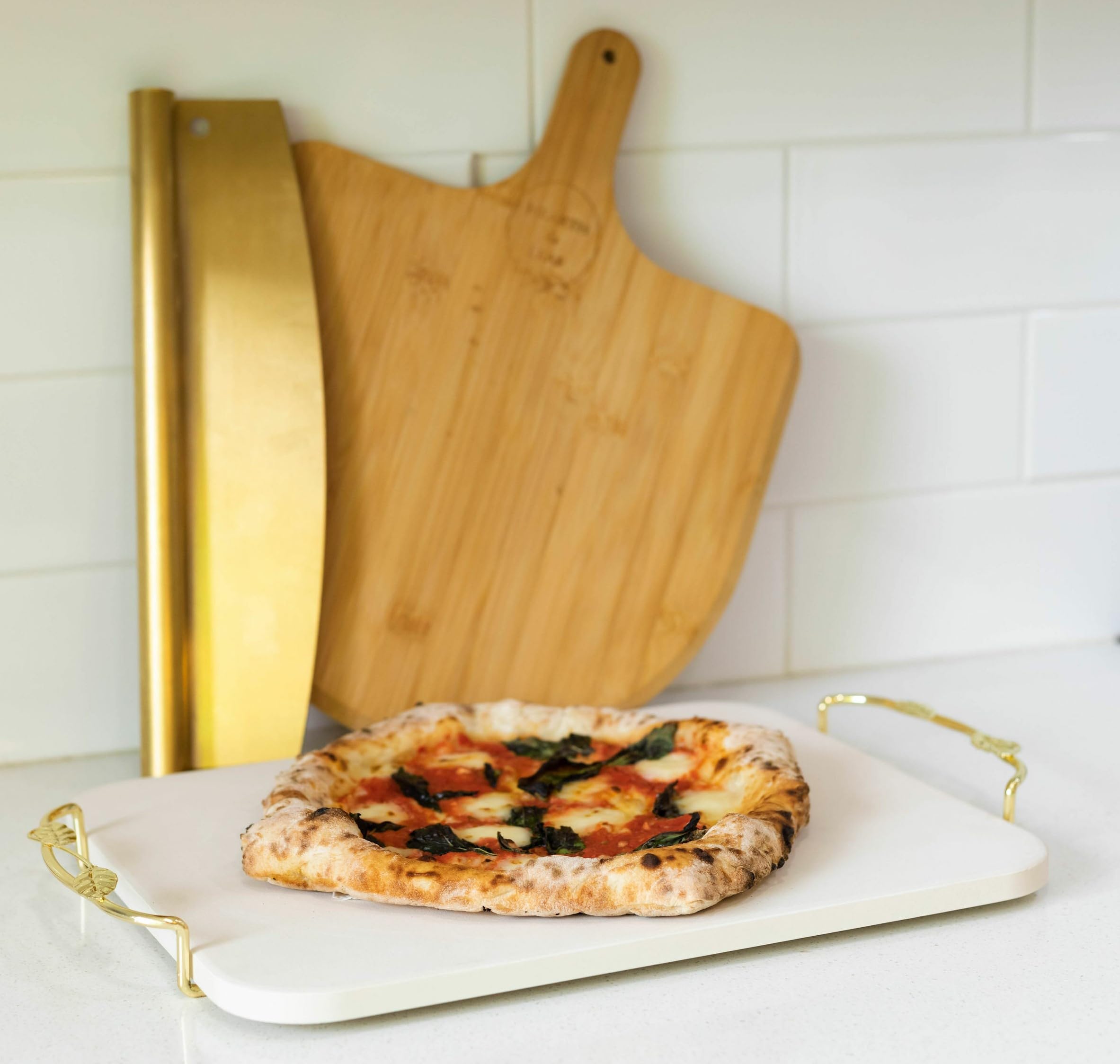Hearth & Leaf Cordierite Pizza Stone for Oven and Grill. Including Bamboo Pizza Peel, Pizza Cutter & Gold Detachable Serving Handles - Kitchen Accessories - Baking Supplies -15 inch Large Stone