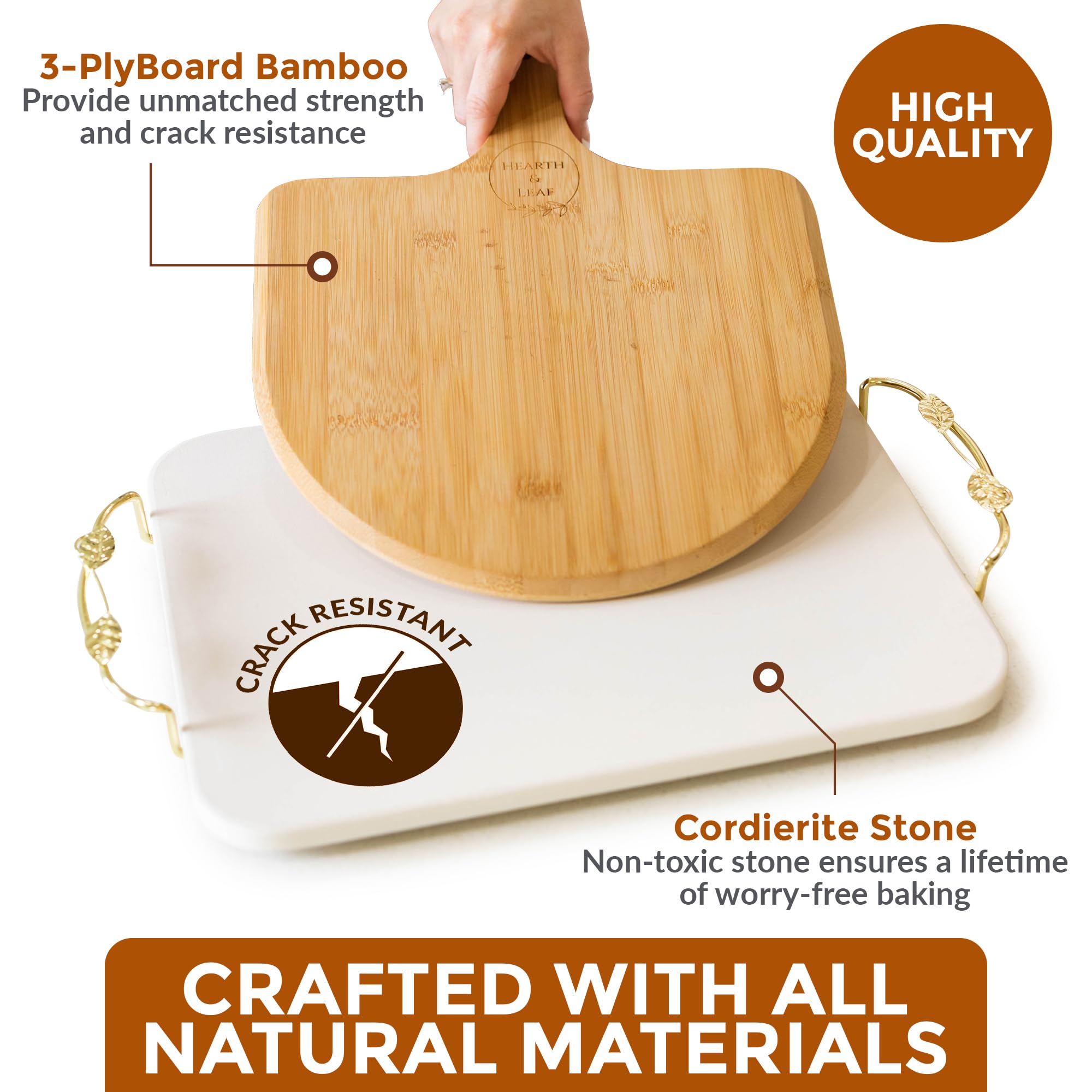 Hearth & Leaf Cordierite Pizza Stone for Oven and Grill. Including Bamboo Pizza Peel, Pizza Cutter & Gold Detachable Serving Handles - Kitchen Accessories - Baking Supplies -15 inch Large Stone
