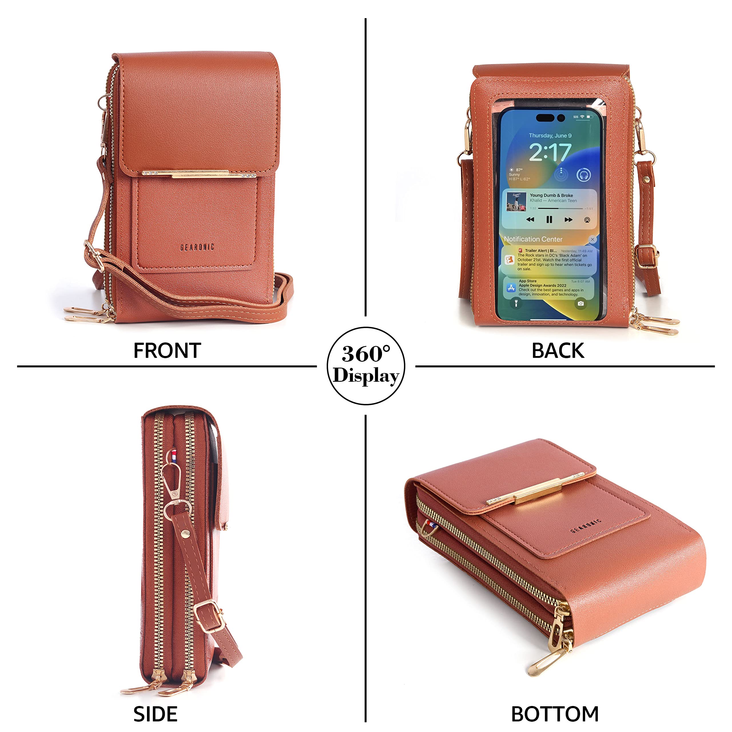 GEARONIC Women's Sling Handbag, Faux Leather, Coffee-Phone Wallet, Crossbody Bag with Transparent Window, 7 x 4.5 x 1.6 in
