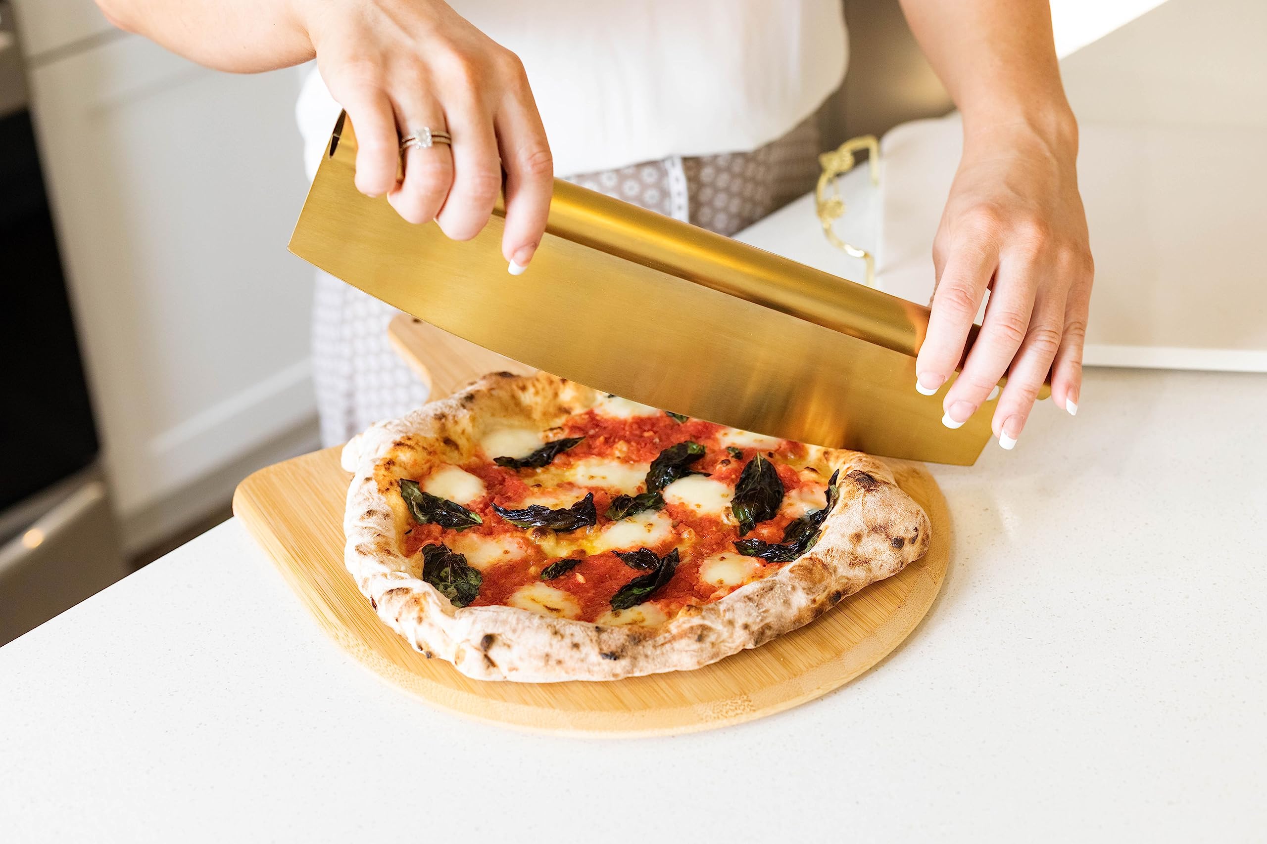 Hearth & Leaf Cordierite Pizza Stone for Oven and Grill. Including Bamboo Pizza Peel, Pizza Cutter & Gold Detachable Serving Handles - Kitchen Accessories - Baking Supplies -15 inch Large Stone