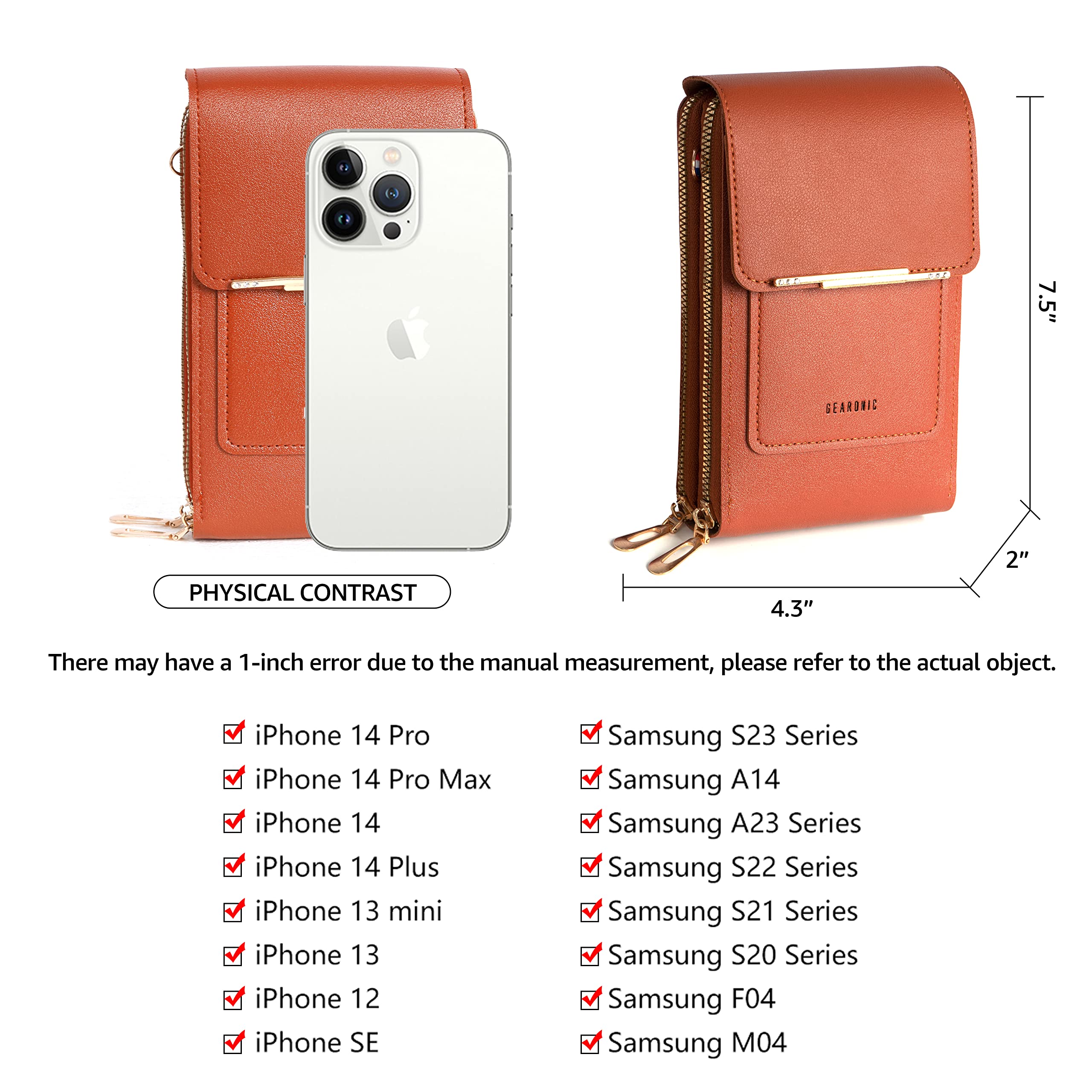 GEARONIC Women's Sling Handbag, Faux Leather, Coffee-Phone Wallet, Crossbody Bag with Transparent Window, 7 x 4.5 x 1.6 in