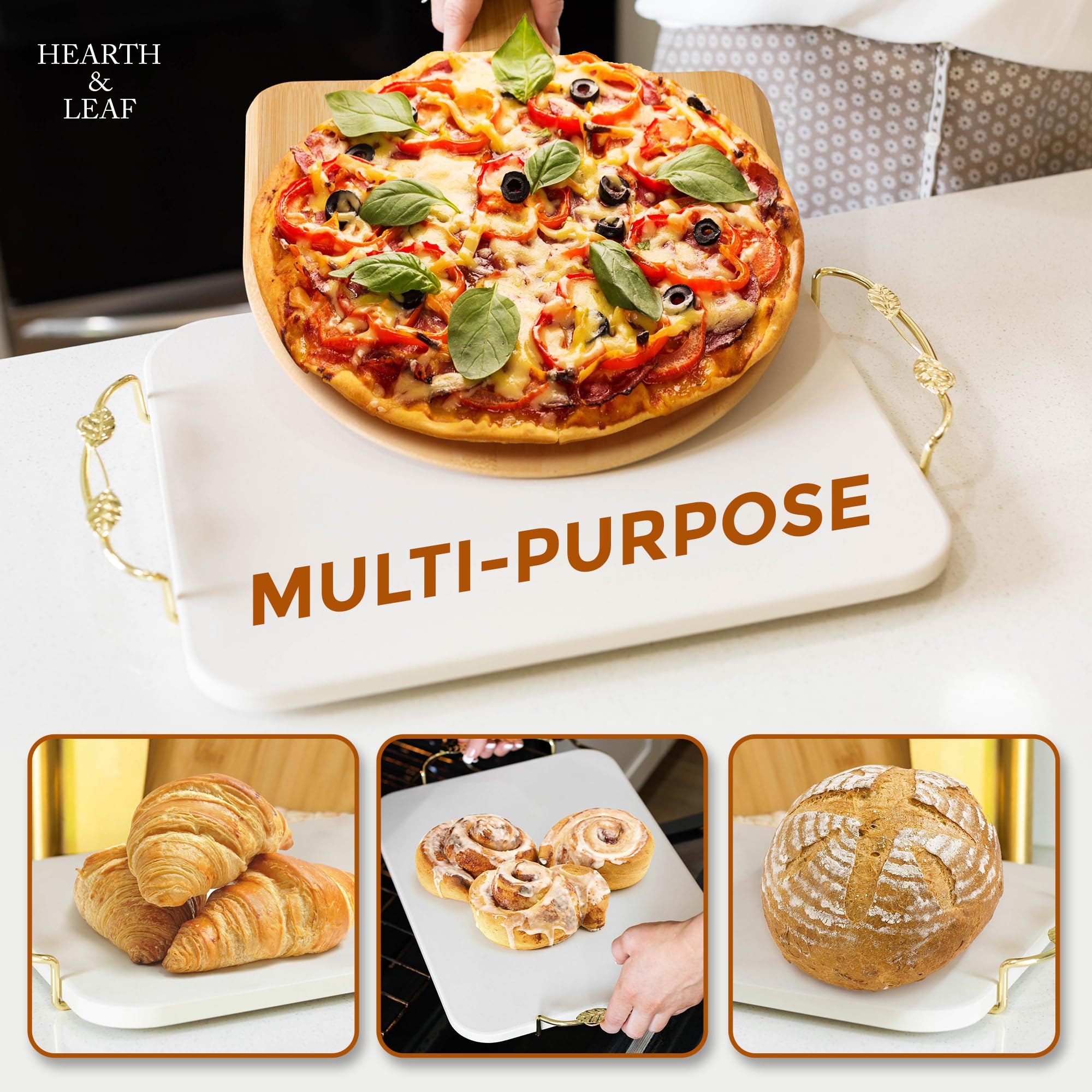 Hearth & Leaf Cordierite Pizza Stone for Oven and Grill. Including Bamboo Pizza Peel, Pizza Cutter & Gold Detachable Serving Handles - Kitchen Accessories - Baking Supplies -15 inch Large Stone