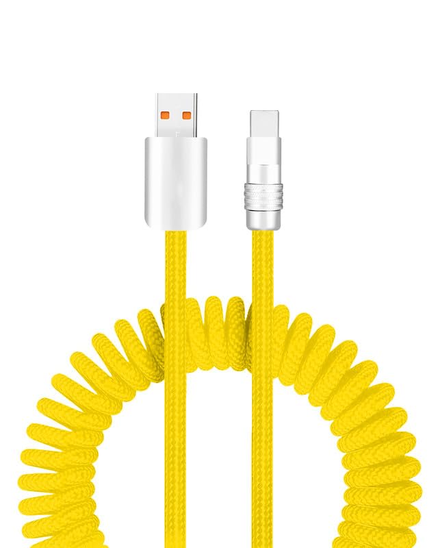GentsStride Curly Chubby Retractable Car Charge Cable USB Type C Charger Fast Charging Cable Nylon Braided High Speed Data Transmission Cord, Yellow, USB-A to Type-C, 1.6FT-3.3FT