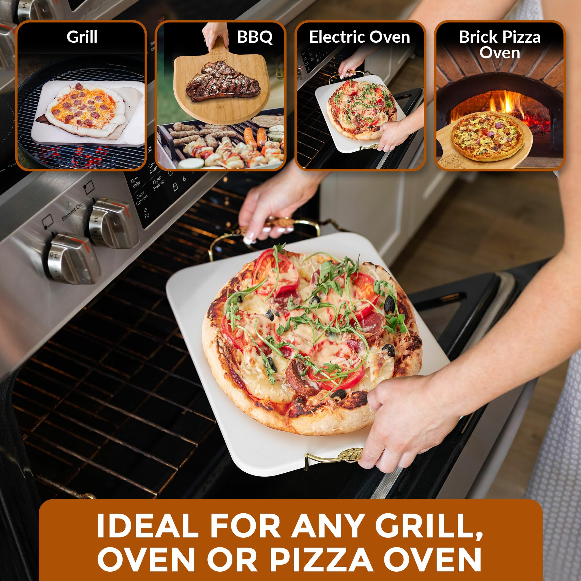 Hearth & Leaf Cordierite Pizza Stone for Oven and Grill. Including Bamboo Pizza Peel, Pizza Cutter & Gold Detachable Serving Handles - Kitchen Accessories - Baking Supplies -15 inch Large Stone