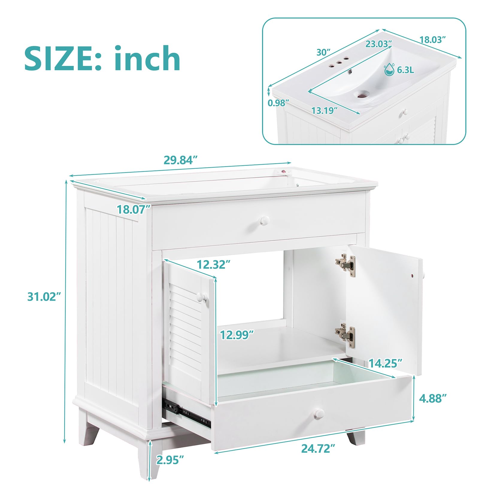 Ymlpre 30" Bathroom Vanity Cabinet Without Sink Top, Modern Bathroom Storage Cabinet with 2 Shutter Doors, 1 Drawer, Sink Basin Not Included, Freestanding Bathroom Vanity Base Without Sink, 30" A
