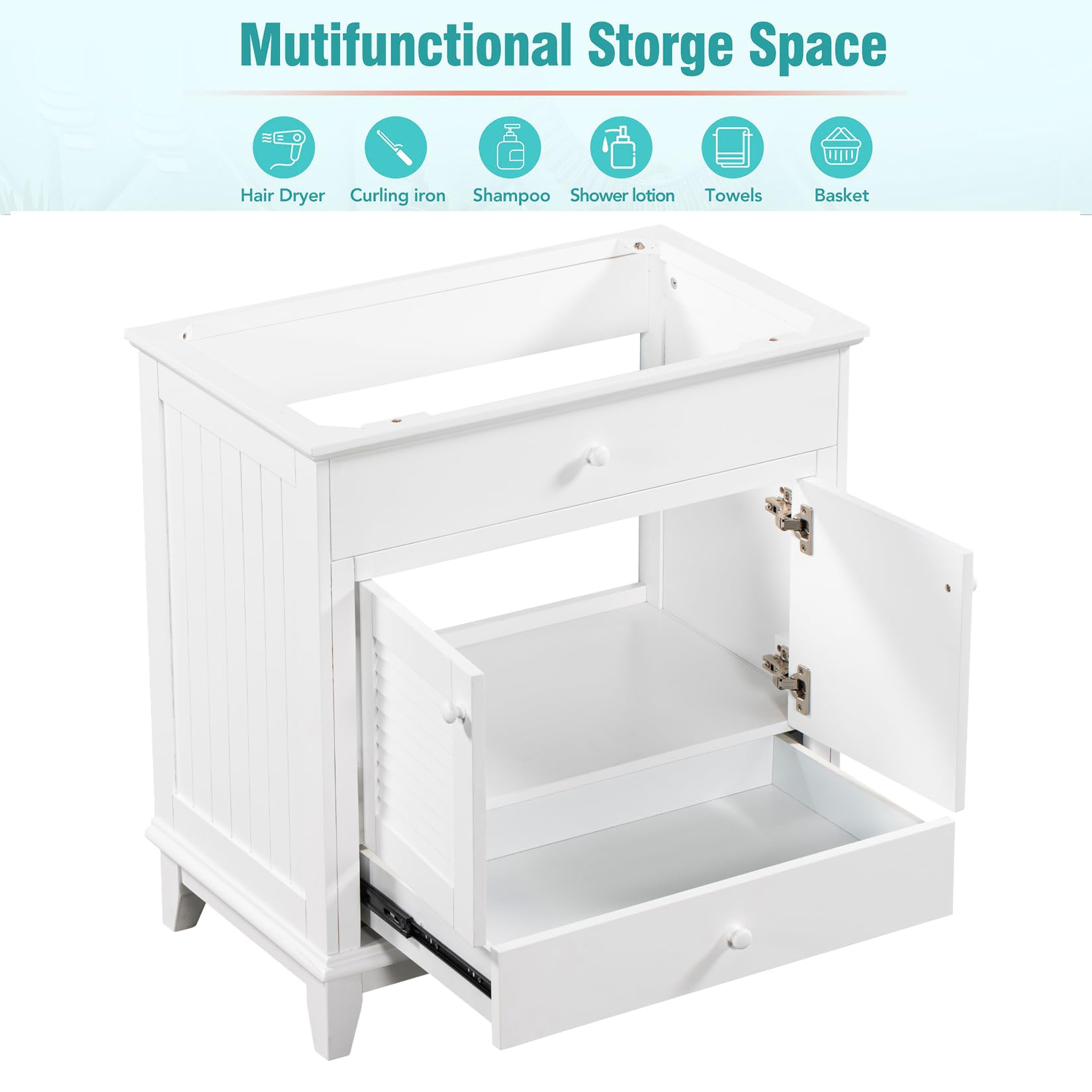 Ymlpre 30" Bathroom Vanity Cabinet Without Sink Top, Modern Bathroom Storage Cabinet with 2 Shutter Doors, 1 Drawer, Sink Basin Not Included, Freestanding Bathroom Vanity Base Without Sink, 30" A