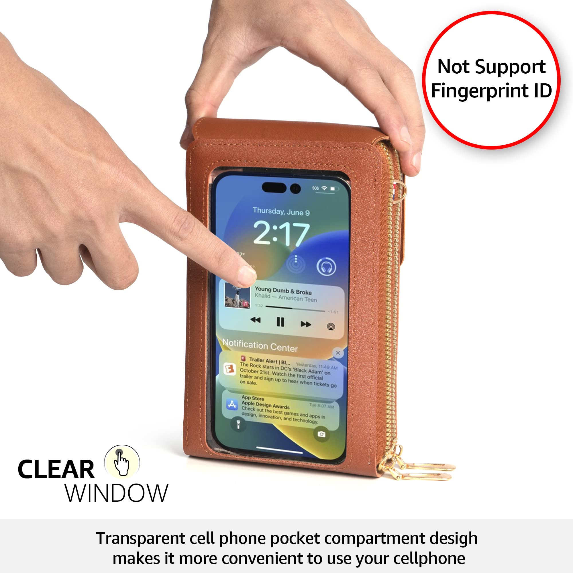 GEARONIC Women's Sling Handbag, Faux Leather, Coffee-Phone Wallet, Crossbody Bag with Transparent Window, 7 x 4.5 x 1.6 in