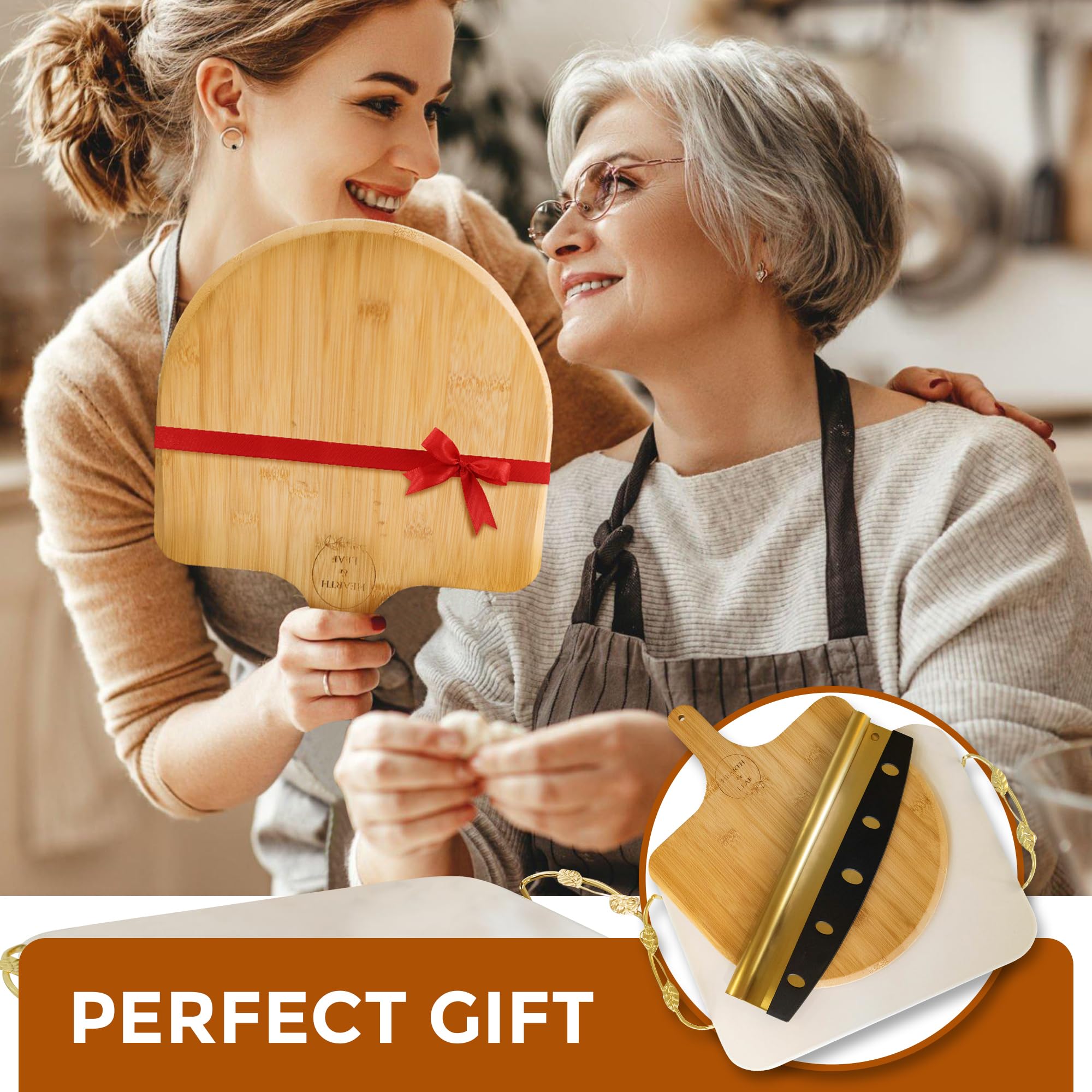 Hearth & Leaf Cordierite Pizza Stone for Oven and Grill. Including Bamboo Pizza Peel, Pizza Cutter & Gold Detachable Serving Handles - Kitchen Accessories - Baking Supplies -15 inch Large Stone