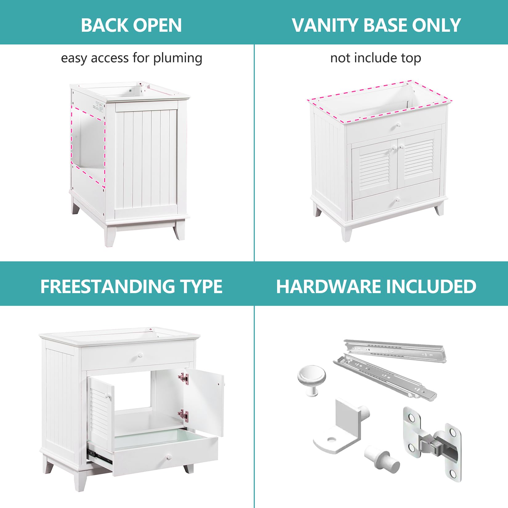 Ymlpre 30" Bathroom Vanity Cabinet Without Sink Top, Modern Bathroom Storage Cabinet with 2 Shutter Doors, 1 Drawer, Sink Basin Not Included, Freestanding Bathroom Vanity Base Without Sink, 30" A