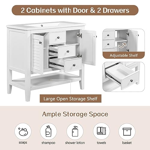 i-POOK 35" Bathroom Vanity Without Sink, Modern Undermount Bathroom Sink Cabinet with 2 Cabinets, 2 Drawers, Open Shelf and Adjustable Divider, Freestanding Bathroom Vanities, White