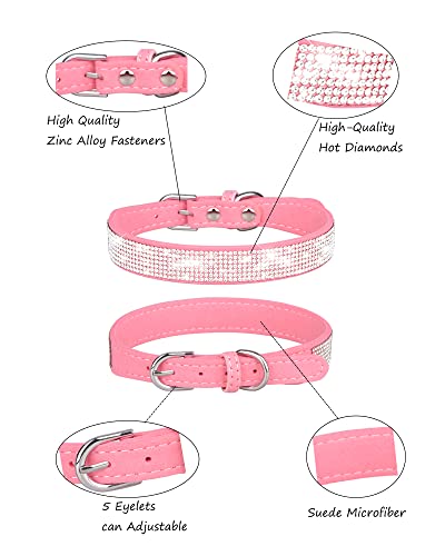 Dog Collar for Small Dogs, Adjustable Leather Suede Bling Dog Collars,Pink Dog Collar Cat Collar, Rhinestone Dog Collar(S, Pink)